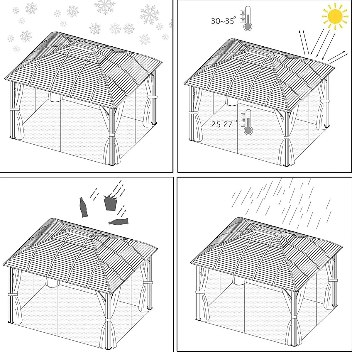 Domi 10'x12' Hardtop Gazebo Arc Canopy,Outdoor Aluminum Gazebo with Galvanized Steel Double Roof,Curtain and Netting,Permanent Gazebos Pavilion for Patio Deck,Backyard,Gray