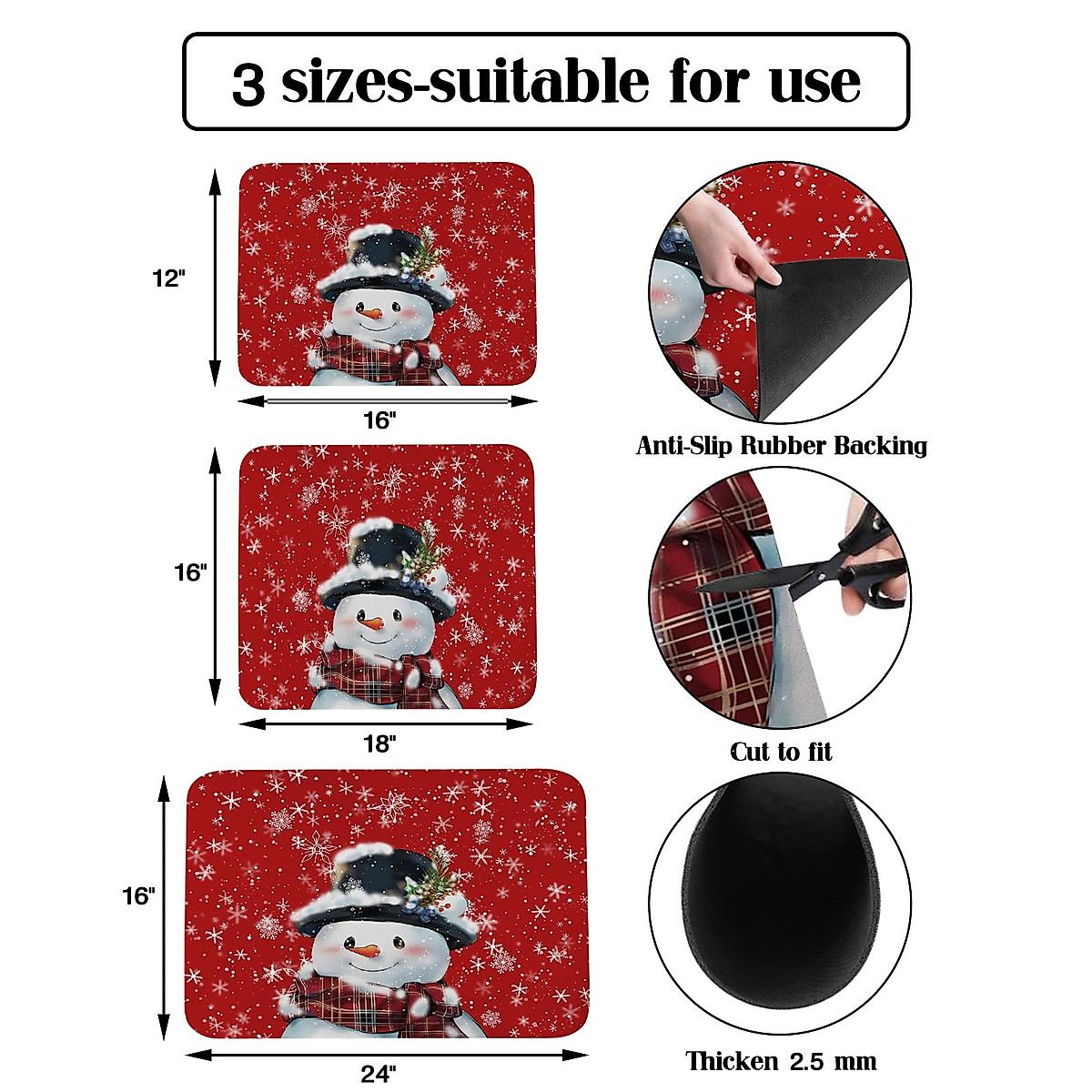 Red Snowman Dish Drying Mat for Kitchen Counter, Absorbent Quick Dry Coffee Bar Mat Pad Thin Diatomaceous Sink Mat Non Slip Dish Drainer Mat 16''x24'' Winter Christmas Buffalo Plaid Berry Watercolor