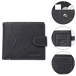 Amosfun Button Wallets for Men snap Wallet with Zipper Coin Pocket Mens Leather- Mens Wallet Buckle Stitching Wallet Coin- Purse Storage Bag (Black)