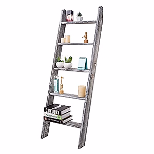 Rustic 5-Tier Wall-Leaning Wood Loadder Towel Racks for Bathroom Livingroom Kithen Office Woden Farmhouse Ladder-Style Blanket Rack Multipurpose Organizer Rack for Home (Grey)