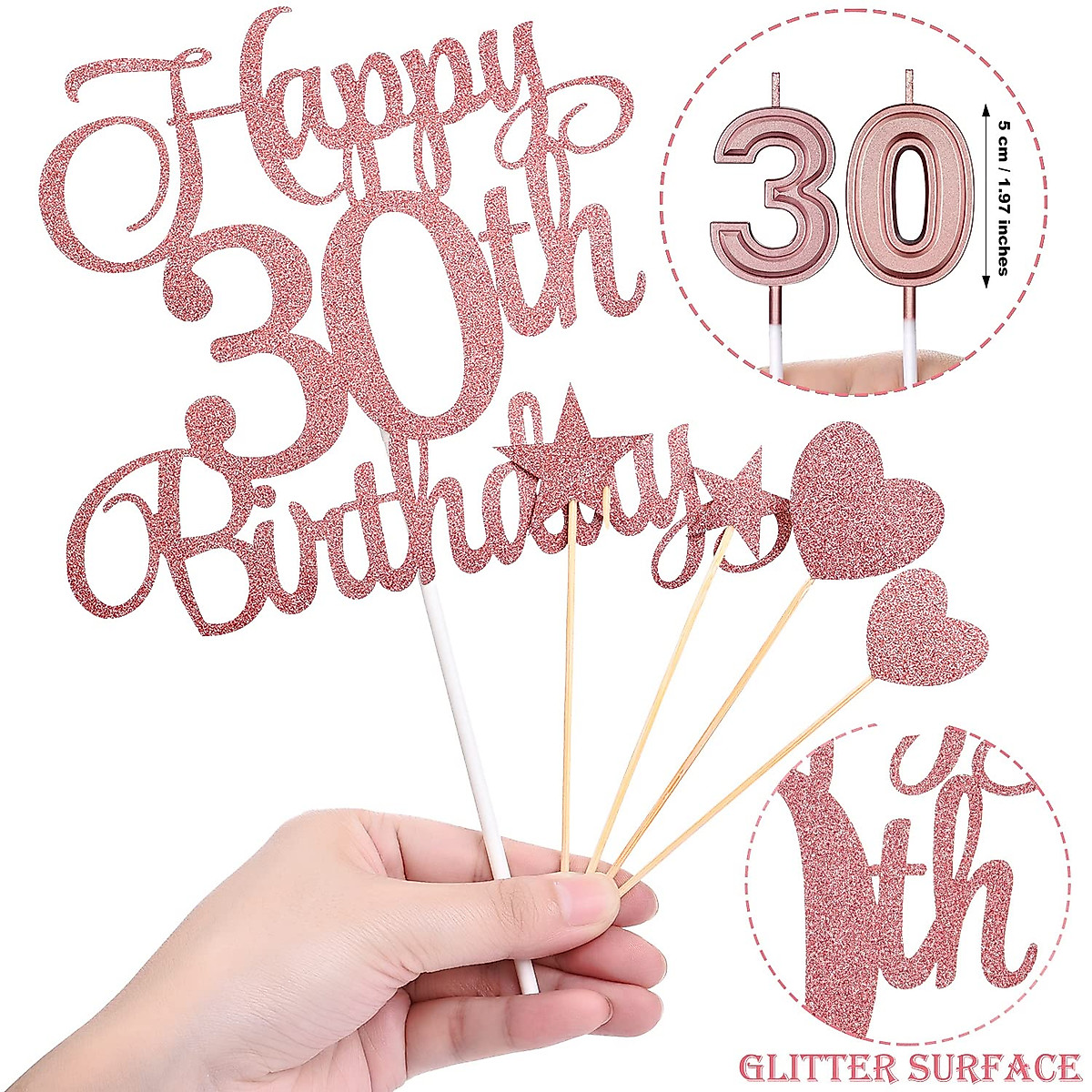 30th Birthday Cake Decorations Set Include 30th Birthday Candles Numeral 30 Cake Candles and Happy 30th Birthday Cake Toppers with Heart Star Cupcake Picks for Birthday Party (Rose Gold Series)