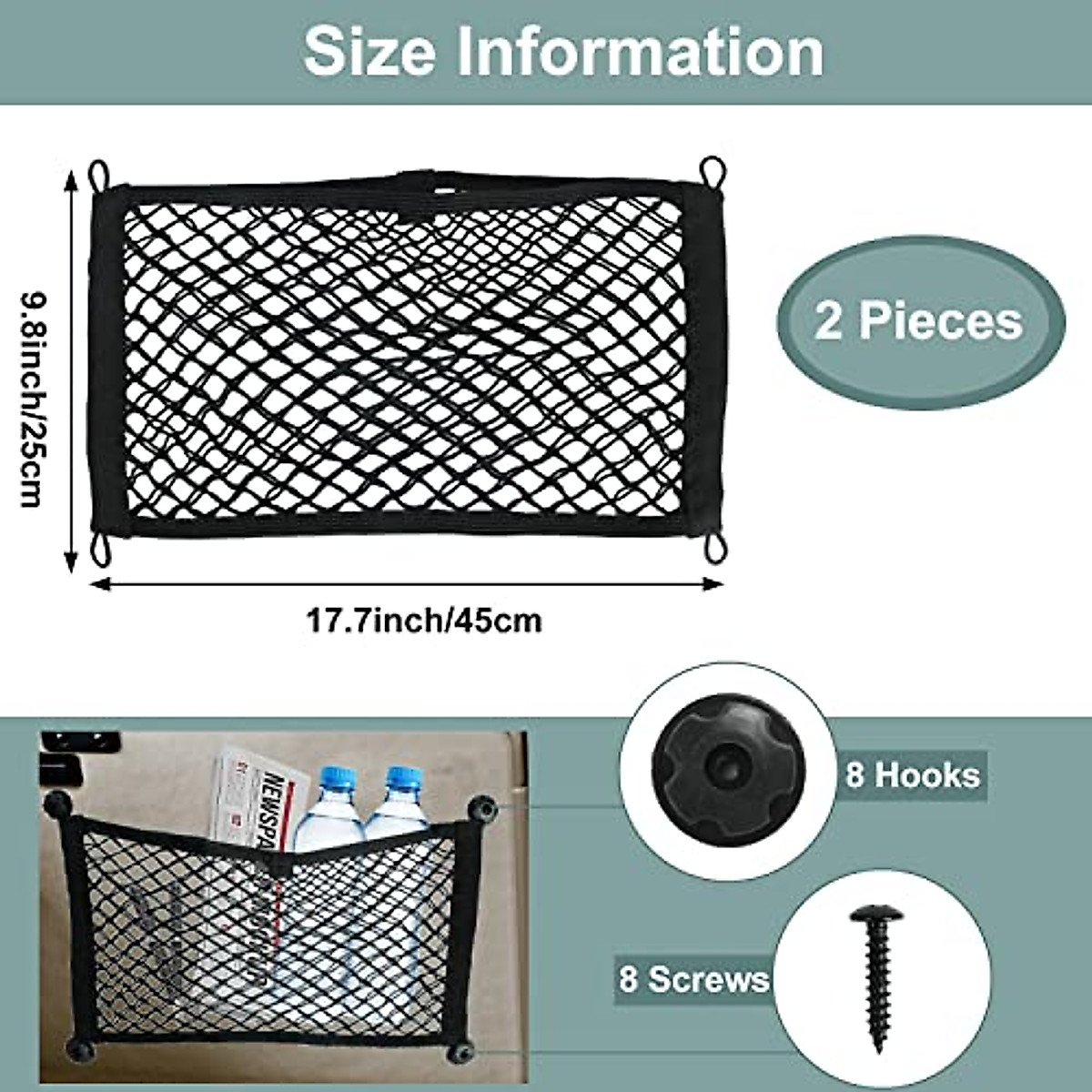 2PCS Small Cargo Net Pocket Storage Mesh Net Elastic Stretchable Automotive Cargo Nets Storage Pouch with 8 Mounting Screws and Hooks for Truck Car SUV RV Boats (17.7 x 9.8 Inches)