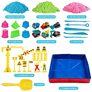 Play Sand Kit for Kids - 3.3lbs Space Sand with 3 Colors, Sand Molds Tools, Construction Trucks, Foldable Sandbox and Storage Box, 34 Pieces Sandbox Toys Set for 6 Year and up Boys Girls (Pink)