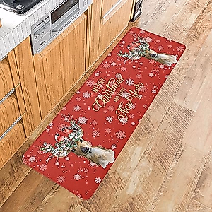 Kitchen Rug and Mat Set Merry Christmas Reindeer Robin,Non-Slip Doormats Comfort Durable Floor Runner,Winter Snowflakes on Red Washable Standing Carpet for Bedroom Living Room Decor