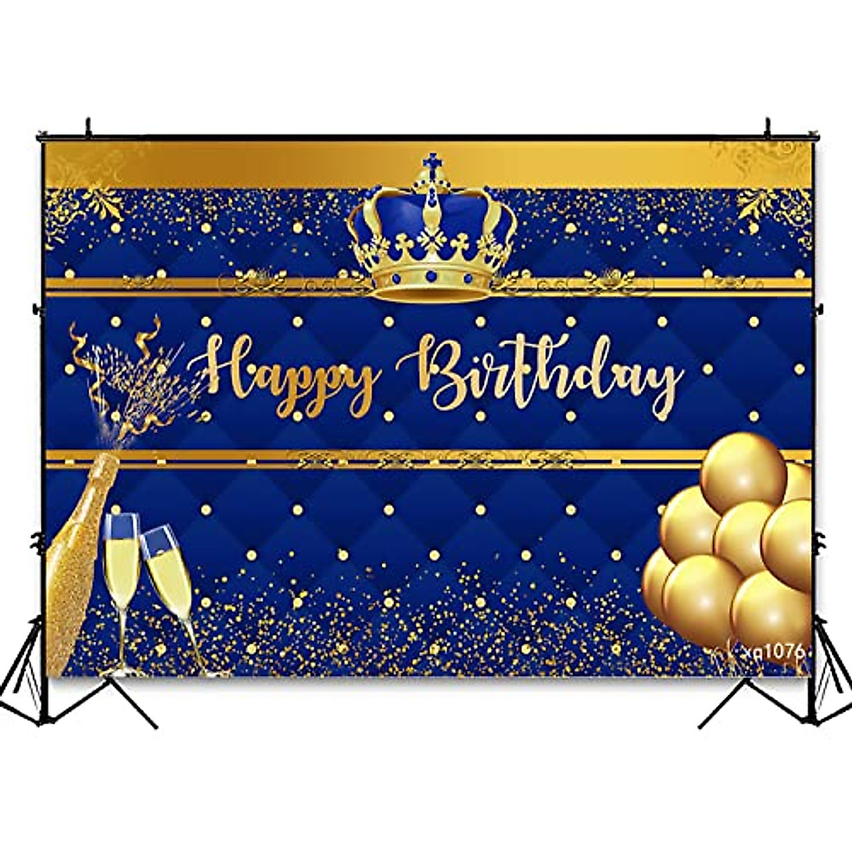 InMemory Royal Blue and Gold Birthday Backdrop for Men Golden Crown Champagne Balloons Happy Birthday Background Boys Womens Bday Party Event Decoration Banner Selfie Photo Booth Supplies Prop 5x3ft