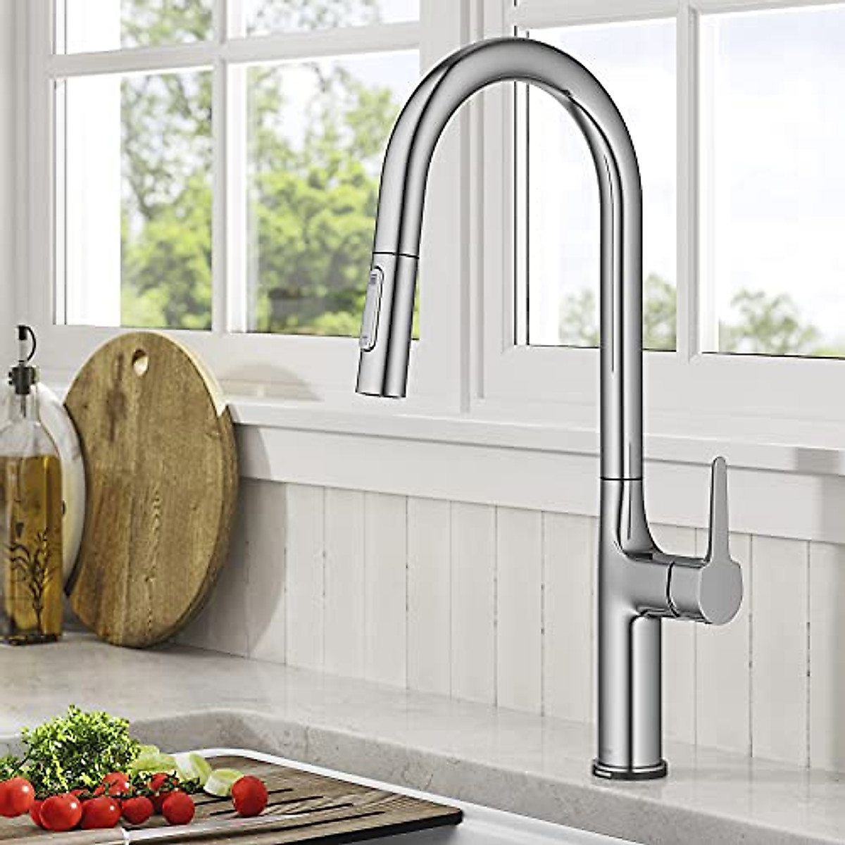 KRAUS Oletto Tall Modern Single-Handle Touch Kitchen Sink Faucet with Pull Down Sprayer in Chrome, KTF-3101CH