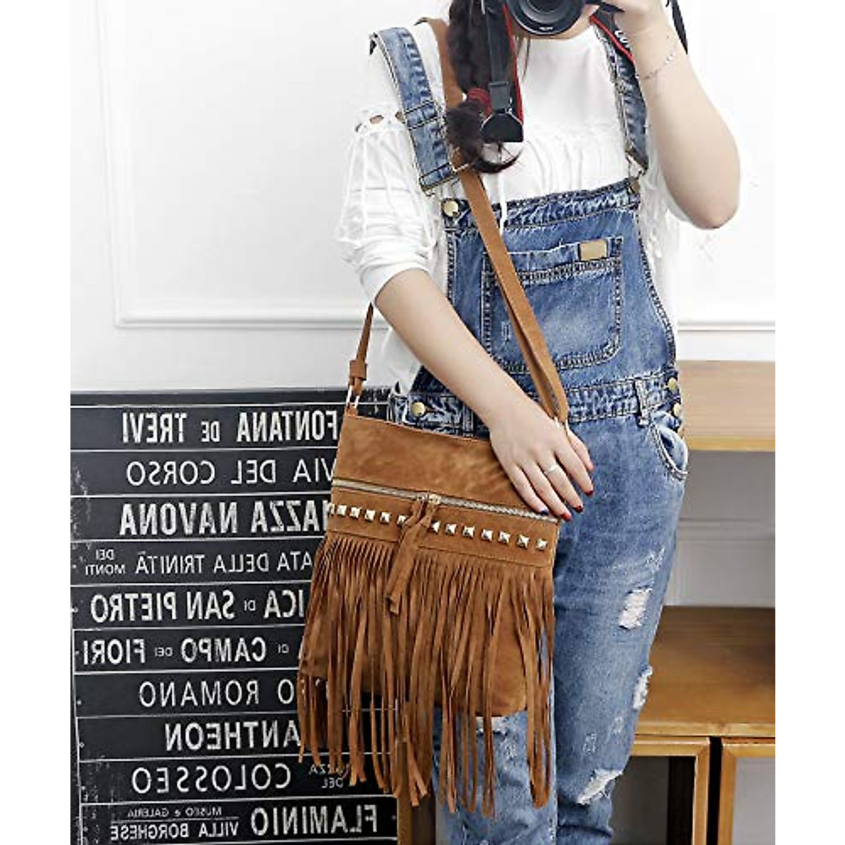 Women Hobo Fringe Crossbody Bag Vintage Small Bohemian Tassel Shoulder Bag Studded Faux Suede Western Hippie Boho Purse (Brown,One Size)