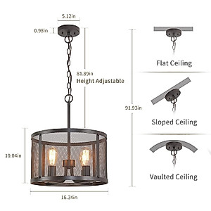 KARMIQI 4-Light Industrial Pendant Light Fixture Bulbs Included, Vintage Farmhouse Black Metal Cage Hanging Ceiling Light, Drum Chandelier with Adjustable Chain for Kitchen Island Dining Room