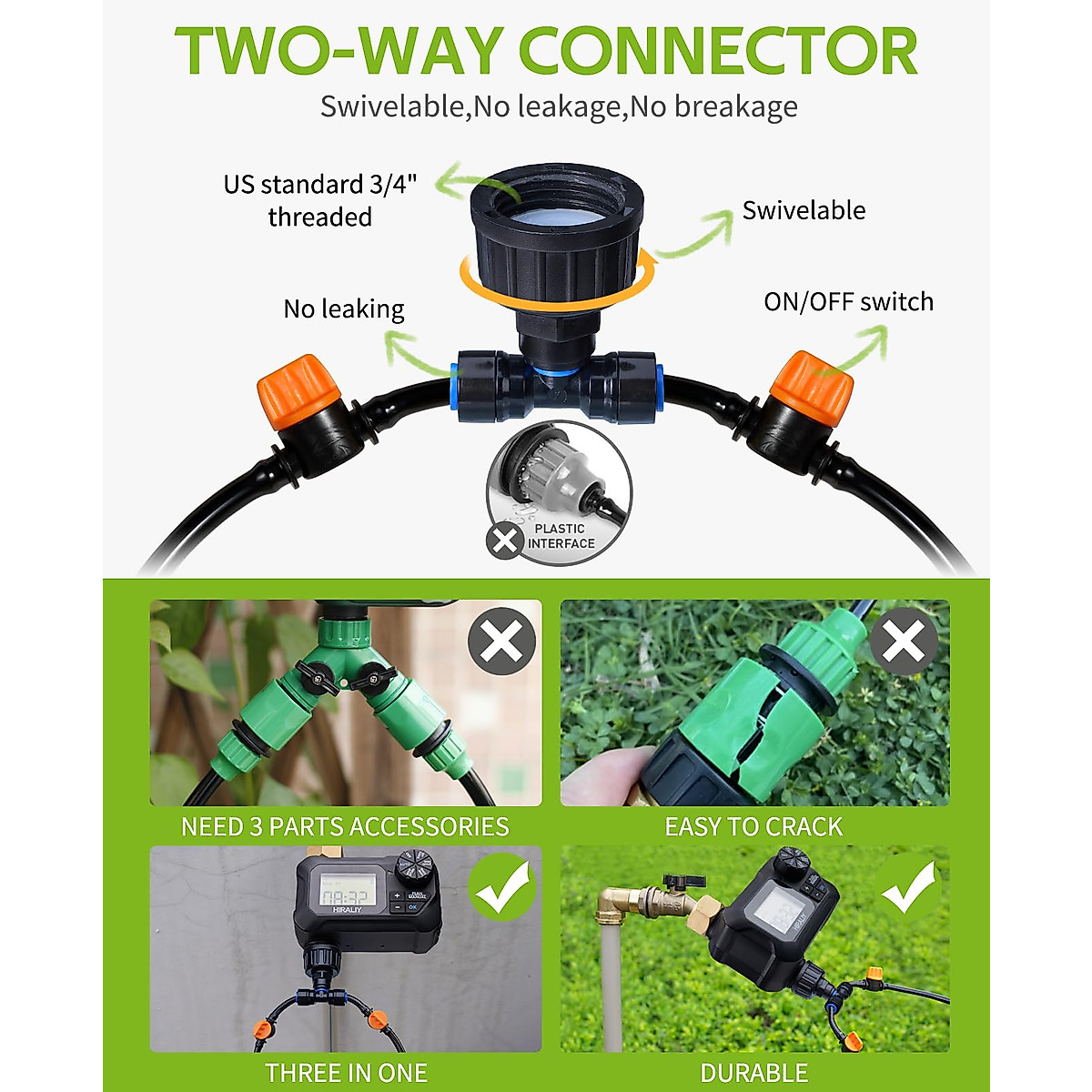 HIRALIY 65FT Automatic Drip Irrigation Kits with Garden Timer, 1/4" Blank Tubing and 4-outlets Misting Watering Nozzles, Auto Plant Watering System for Patio Lawn, Watering Regularly by Timer
