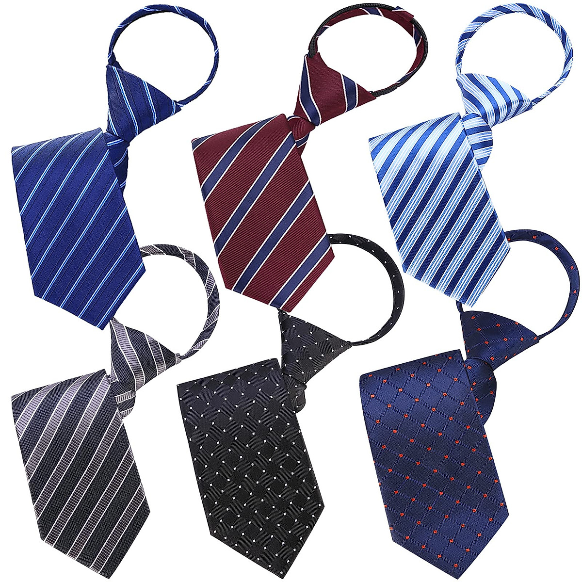AUSKY 6PACK Mens Zipper Necktie,Regular Long Adjustable Pre Tied Clip on Easy Neck Tie for Men Formal Silk ties 3.15in Wide