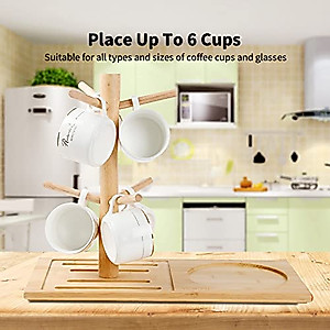 YOFRI Coffee Cup Holder Tree, Wooden Mug Storage Rack, Coffee Tea Kettle Display Stand, Movable Countertop Cup Stand with 6 Hooks, Coffee Mugs and Tea Cups Organizer for Bar & Kitchen Collection