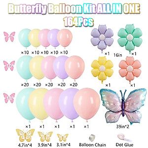 Futureferry Butterfly and Daisy Flower Balloons Arch Garland Kit 164Pcs Pastel Purple Green Yellow Pink Orange Balloons with Butterfly Stickers for Birthday Party Baby Shower Decorations