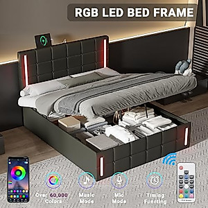 Bellemave Bed Frame,Upholstered Queen Platform Bed with Lift Up Storage, LED Lights and USB Charging, Faux Leather Bed Frame with Headboard and Slat Support (Black, Full Size)