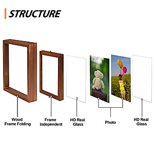 Fixwal 2 Pack 5x7 Rotating Picture Frame, Solid Wood Frame with Double-sided Real Glass, Photo Frame for Tabletop Display, Rustic Style Carbonized Brown