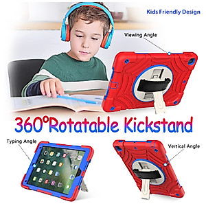 BMOUO Case for iPad 6th/5th Generation (9.7 inch, 2018/2017), with Screen Protector, 360 Rotating Stand & Hand & Shoulder Strap Kids Case for iPad 6th/5th Gen, Red