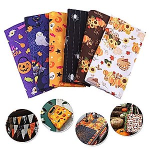 Souarts 6pcs Halloween Fabric Squares, 20x20inch/50x50cm Cotton Fabric Bundle, Halloween Material Fabric Sewing Quilting Patchwork Fabric, DIY Craft Halloween Ghost Floral Pattern Pumpkin Fabric