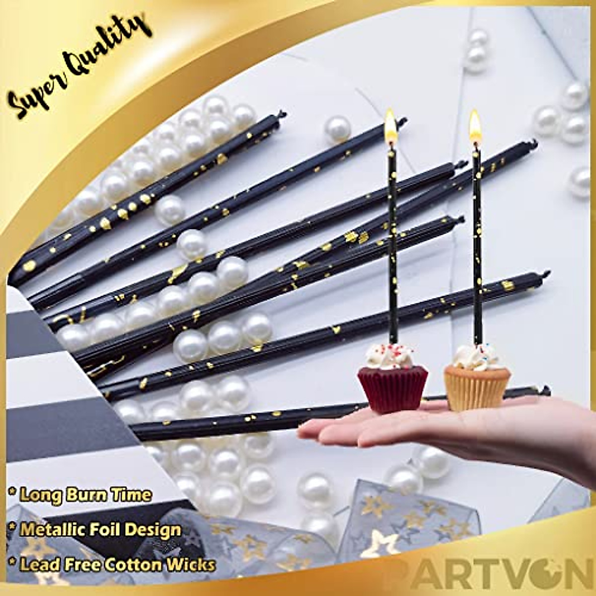 24 Pieces Birthday Candles Black Gold Cake Candle Cupcake Candles for Birthday Anniversary Graduation Retirement New Year Party Decoration