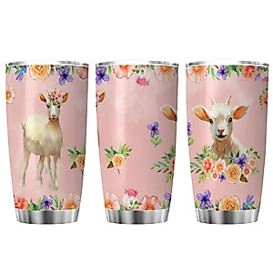 Goat Tumbler With Flip Lid - Flower Stainless Steel Insulated Travel Mug for Hot and Cold Drinks, Hiking, Camping, Office - 20oz Coffee Cup