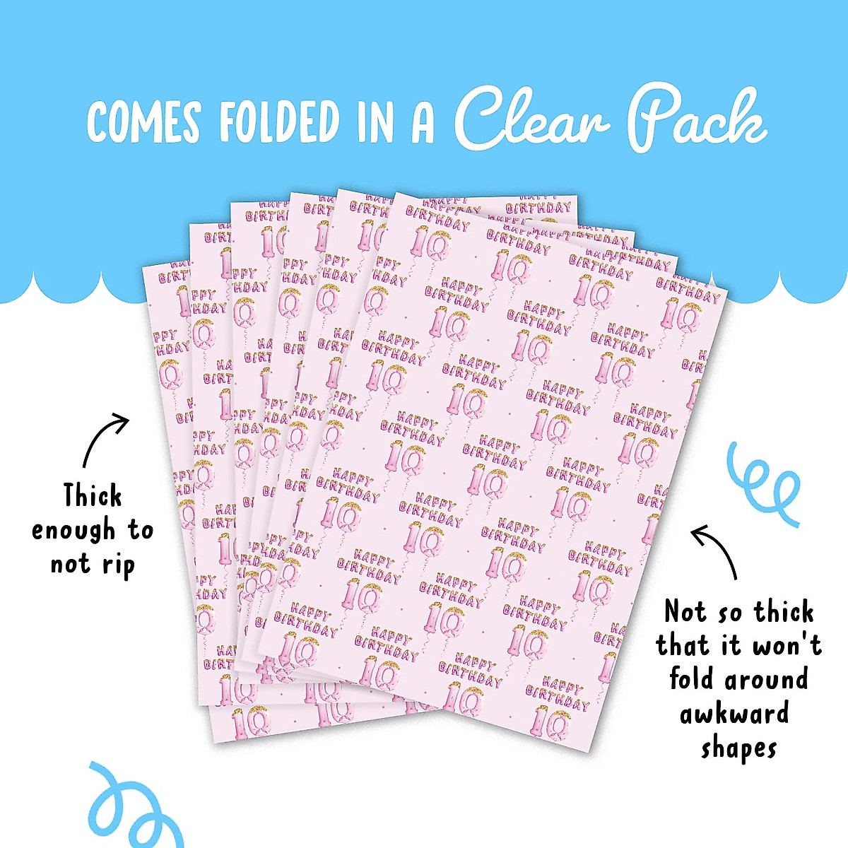 CENTRAL 23 Happy Birthday Wrapping Paper - 10 Year Old - 6 Sheets Pink Wrapping Paper - Girls Birthday Wrapping Paper - 10th Birthday - Comes With Stickers - Recyclable