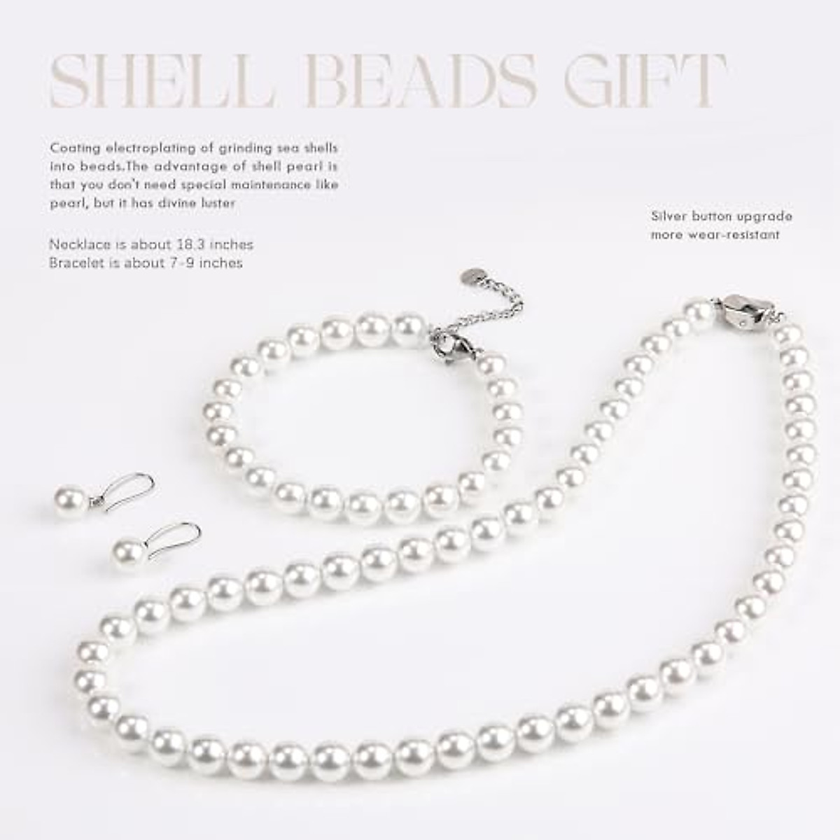 AOOVOO Pearl Necklace and Earring Set, 18 Inch Pearl Necklace for Women, 8mm Round Shell Pearl Set