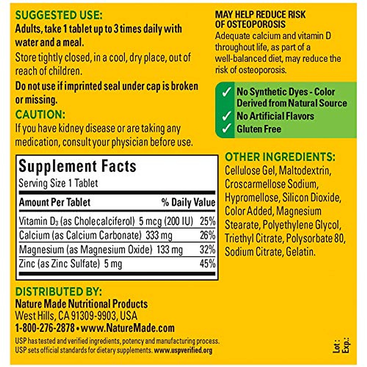 Nature Made Calcium, Magnesium Oxide, Zinc with Vitamin D3 helps support Bone Strength, Tablets, 300 Count