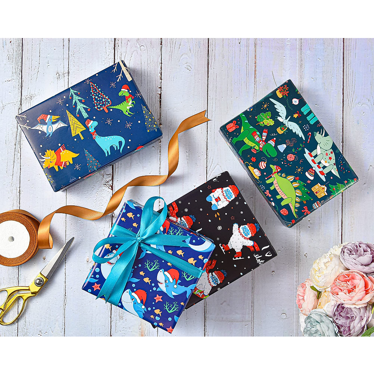 Titiweet Dinosaur Shark Animal Christmas Wrapping Paper for Kids - 12 Sheets, 20 x 28 Inches Per Sheet