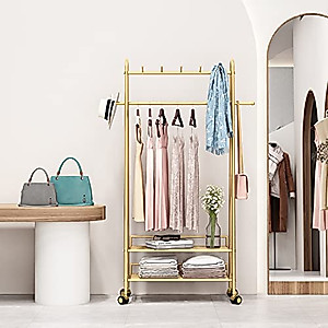 TIEOU Rolling Gold Clothing Rack, Gold Clothes Rack Heavy Duty, Clothing Rack for Hanging Clothes, Modern Clothing Rack, Coat Rack Stand, Gold Clothing Rack, Garment Rack, Pipe Clothing Rack, Gold