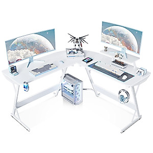 MOTPK White L Shaped Gaming Desk, 51 Inch Gamer Desk Gaming Table with Carbon Fiber Texture, Corner Computer Desk L Shape with Monitor Stand & Cup Holder & Headphone Hook, Gift Ideas