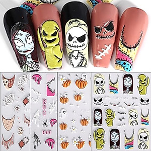 JMEOWIO 3D Embossed Halloween Nail Art Stickers Decals Self-Adhesive Pegatinas Uñas 5D Skull Horror Ghost Nail Supplies Nail Art Design Decoration Accessories 4 Sheets