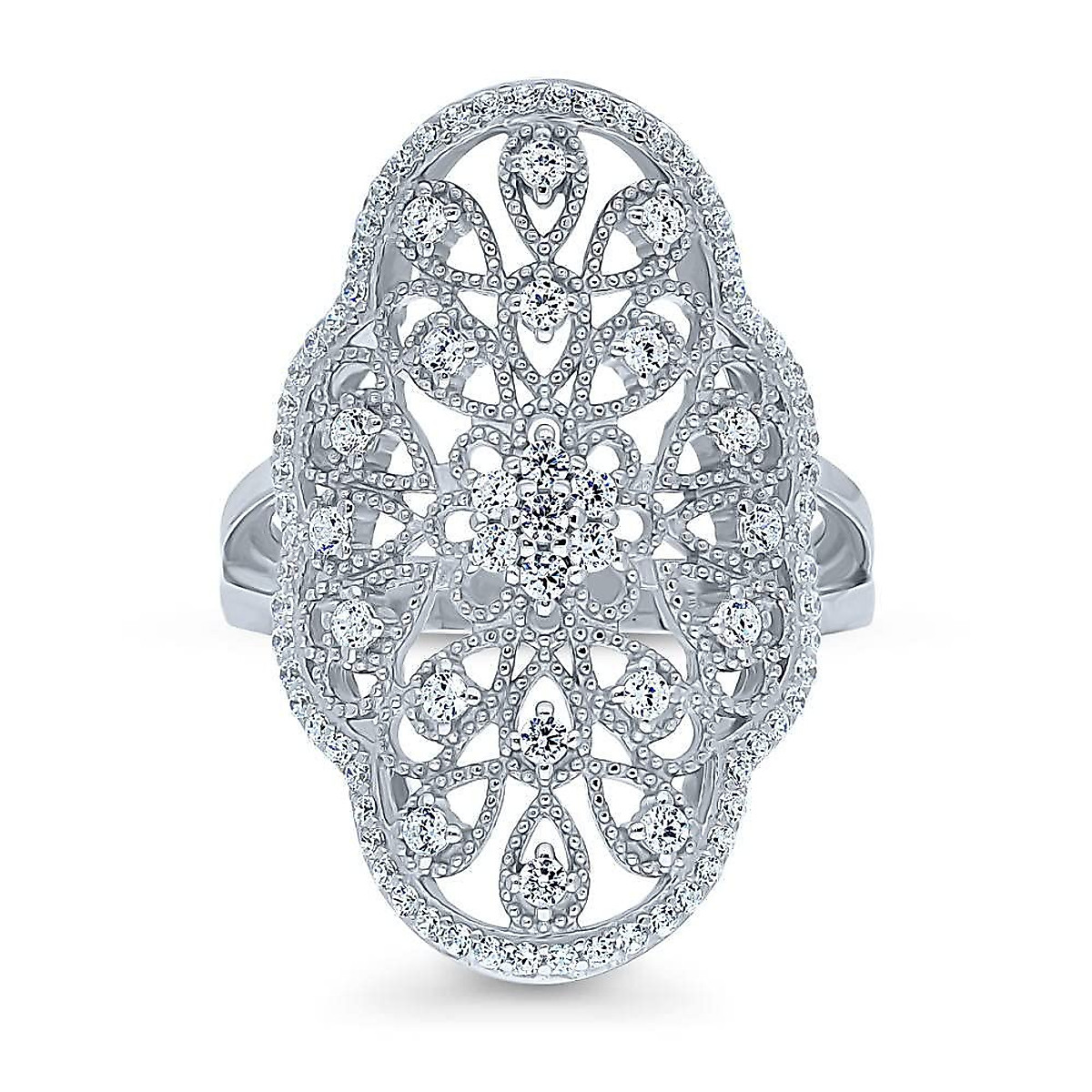 BERRICLE Sterling Silver Flower Cubic Zirconia CZ Statement Navette Cocktail Fashion Ring for Women, Rhodium Plated Size 8