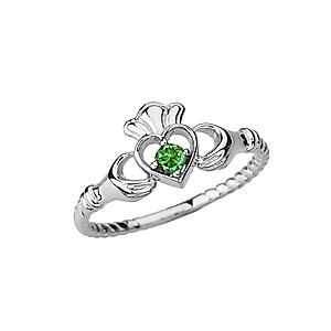 Dainty 10k White Gold Open Heart Solitaire Emerald Rope Claddagh Promise Ring (Size 4)