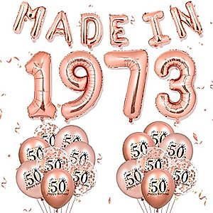Rose Gold 50th Birthday Decorations Set 15 Pcs Rose Gold Happy 50th Birthday Latex Balloons and Large Made in 1973 Foil Balloons Banner Backdrop for Women Fifty Year Old Birthday Party Decor Supplies