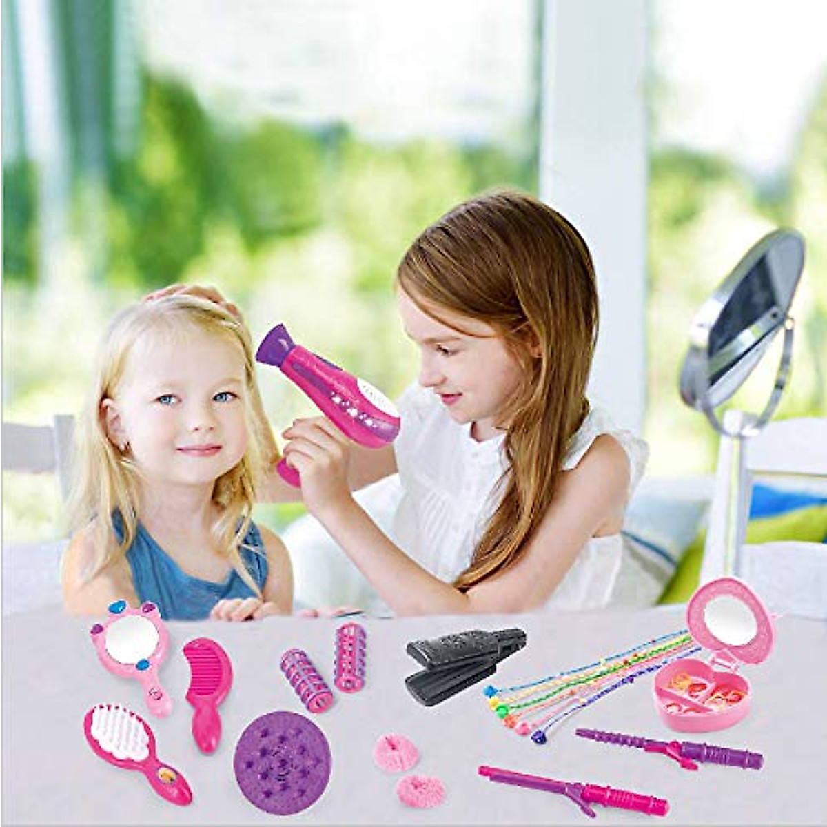 MEGAFUN Little Girls Beauty Hair Salon Toy Kit with Toy Hairdryer, Mirror & Other Accessories, Fashion Pretend Makeup Set for Kids