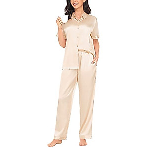SWOMOG Silk Pajama Set for Womens Solid Satin Loungewear Short Sleeve Pj Set Button Down 2 Pcs Nightwear with Pants with Pockets Champagne