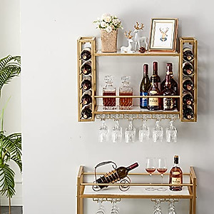 GOLASON Wall Mounted Wine Rack with Glass Holder, Metal Bottle Holder Wine Storage Display Shelf for Home Bar Dining Room Kitchen (31.5 Inch, Faux Marble)