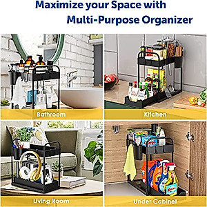 Height-Adjustable 2-Tier Under Sink Organizer and Storage, 2 Pack Large Capacity Heavy Load Pull-Out Under Sink Shelves with Sliding Drawer for Kitchen and Bathroom, Black