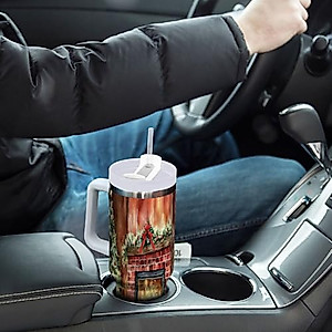 ODAWA Christmas Fireplace Red Water Tumbler 40 Oz Travel Cup with Lid and Straw