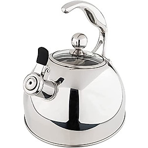 Viking Culinary 3-Ply Stainless Steel Whistling Tea Kettle, 2.6 Quart, Includes Tempered Glass Lid, Ergonomic Stay-Cool Handle, Works on All Cooktops including Induction, Mirror Finish