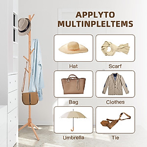 OOOK Solid Wooden Coat Rack Freestanding, Standing Coat Rack with 8 Hooks, 3 Height Options, Suitable for Kids and Adult, Coat Racks Free Standing for Bedroom Office Entrance Log Color