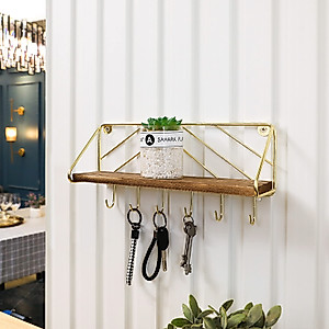 MyGift 12.4 Inch Brass Wall Key Holder Organizer Rack, Decorative Wall-Mounted Entryway Floating Wood Shelf with 6 Key Hooks