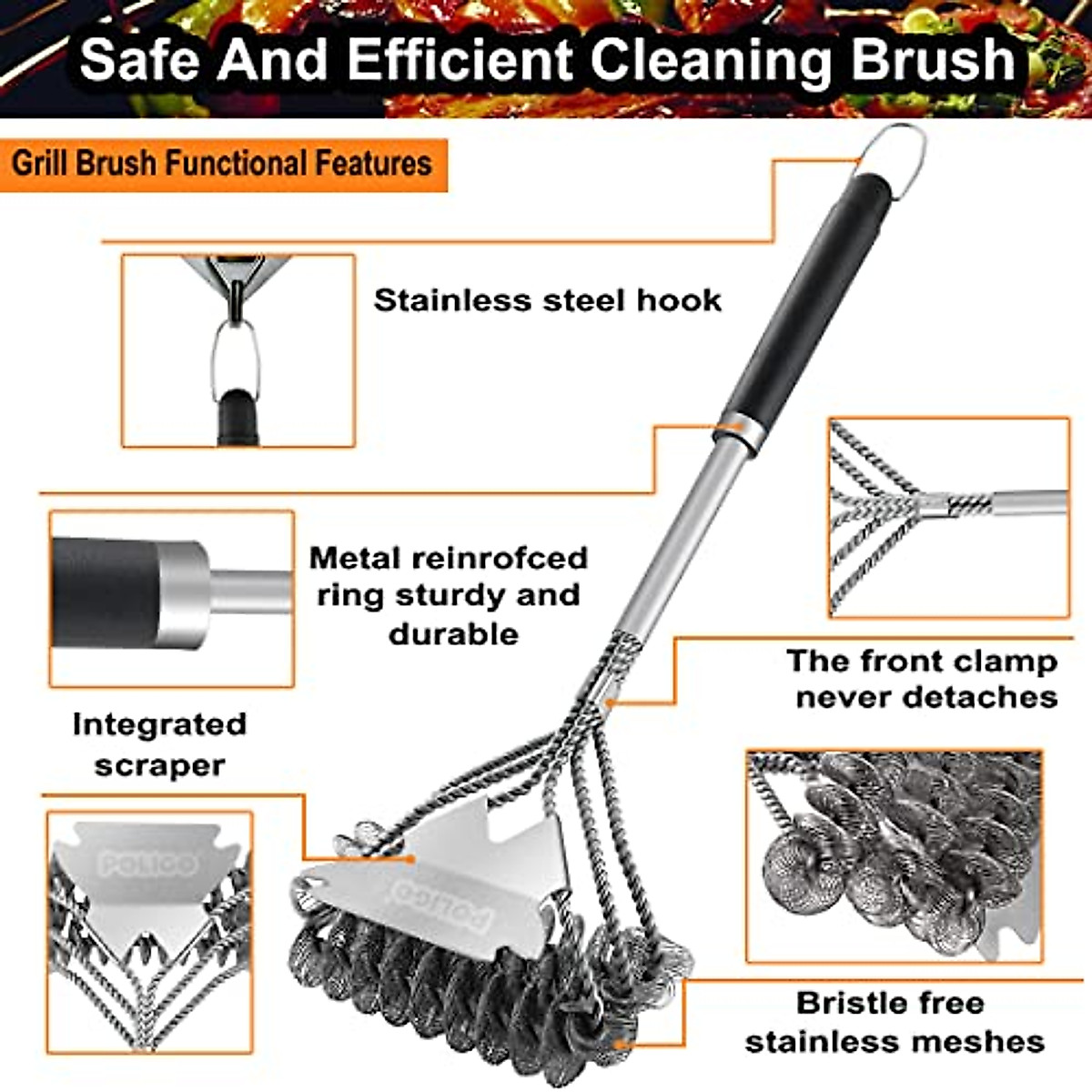 POLIGO 18" Grill Cleaner Brush Safe Grill Brush and Scraper Bristle Free - Stainless Steel BBQ Brush for Grill Cleaning - Wireless Grill Brush with BBQ Scraper for Grill - Gifts for Grill Wizard