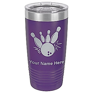 LaserGram 20oz Vacuum Insulated Tumbler Mug, Bowling Ball and Pins, Personalized Engraving Included (Dark Purple)