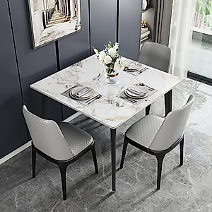 Sintered Stone Tabletop Iron Legs Dining Table 31.5" White Modern Contemporary Square Marble Metal Glossy Storage