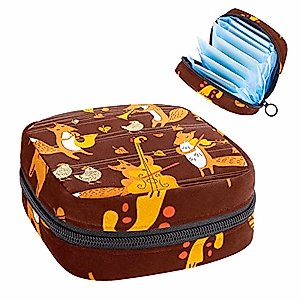 Portable Menstrual Pad Bags, Large Capacity Sanitary Napkin Storage Bag, First Period Kit for Girls Women, Zipper Nursing Pad Holder Funny Foxes Play The Violin Cello Bird Cock