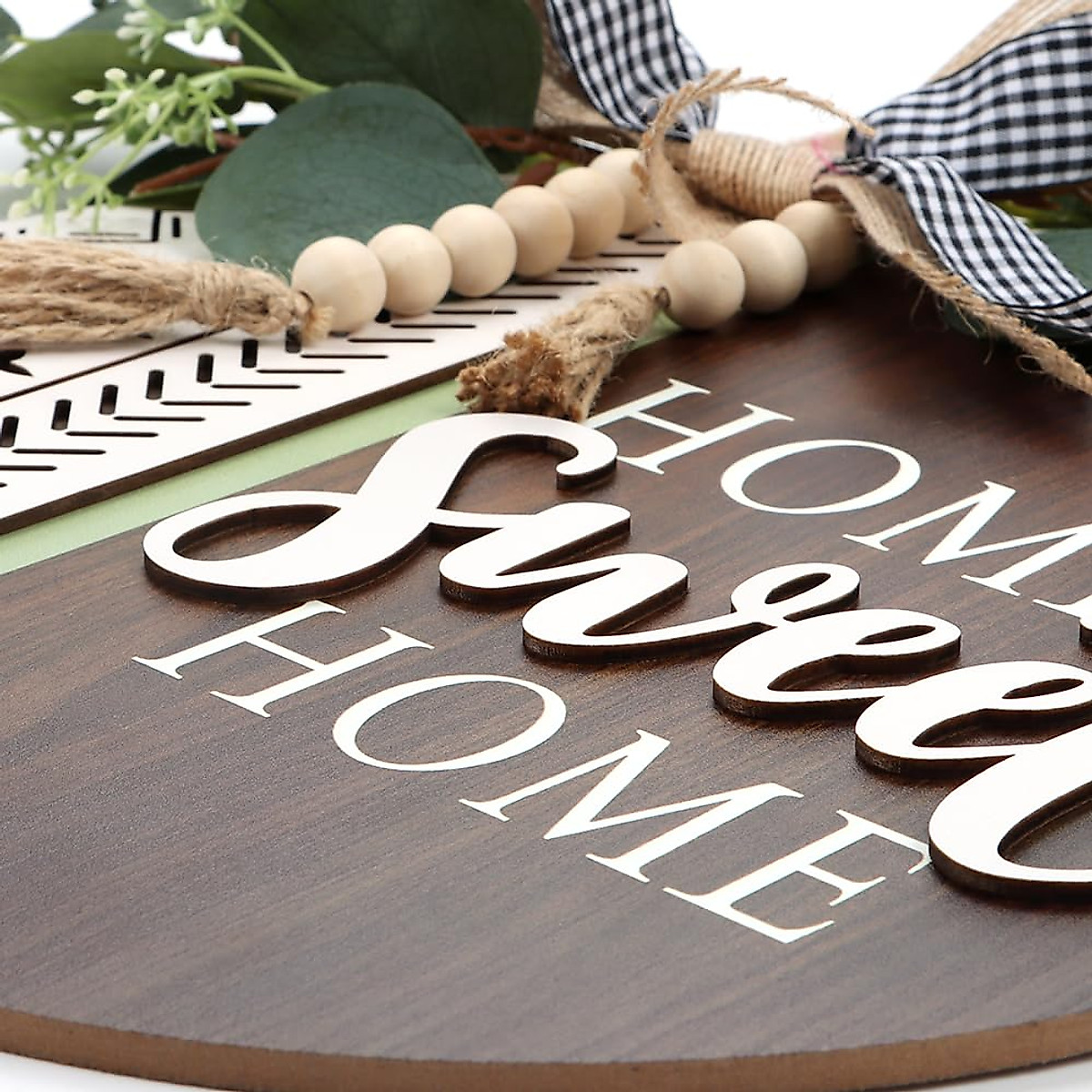 3D Welcome Front Door Wreath Porch Decor, Wooden Home Sweet Home Boho Outdoor Sign Hanging, Farmhouse Aztec Wall Sign Hanger with Artificial Leaves&Rustic Beads