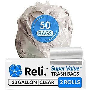 [Made in USA] Reli. 33 Gallon Trash Bags (50 Bags) | Clear Trash Bags | Recycling Bags | Plastic Trash Bags 30+ Gallon (32 Gal - 33 Gal) | Large Garbage Bags/Can Liners, Heavy Duty 33 Gal | SuperValue