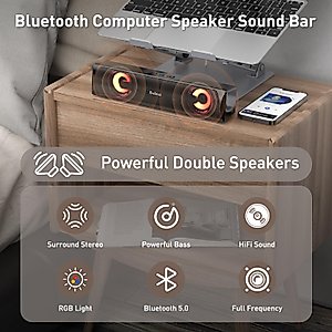 Bobtot Computer Speakers Desktop Soundbar - HiFi Stereo Audio RGB Mini Sound Bar External Speaker with Bluetooth AUX-in Wired USB Powered Volume Control for PC Laptop Tablets Monitor