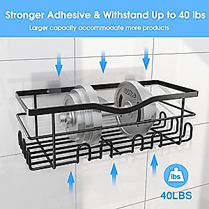 Shower Caddy with Hook, Adhesive Shower Shelf for Inside Shower Basket Rack Storage, 4 Pack Stainless Steel Shower Organizer with Soap Holder and Toothbrush Holder for Bathroom,4 Removable Hooks Black