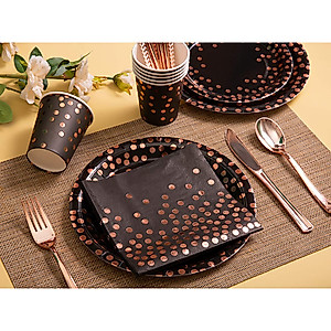 HOMIX Black and Rose Gold Party Supplies - Rose Gold Dot on Black Paper Plates Napkins Straws and Cups Silverwares Serves 25 for Wedding Bridal Shower Birthday Bachelorette Party Decorations