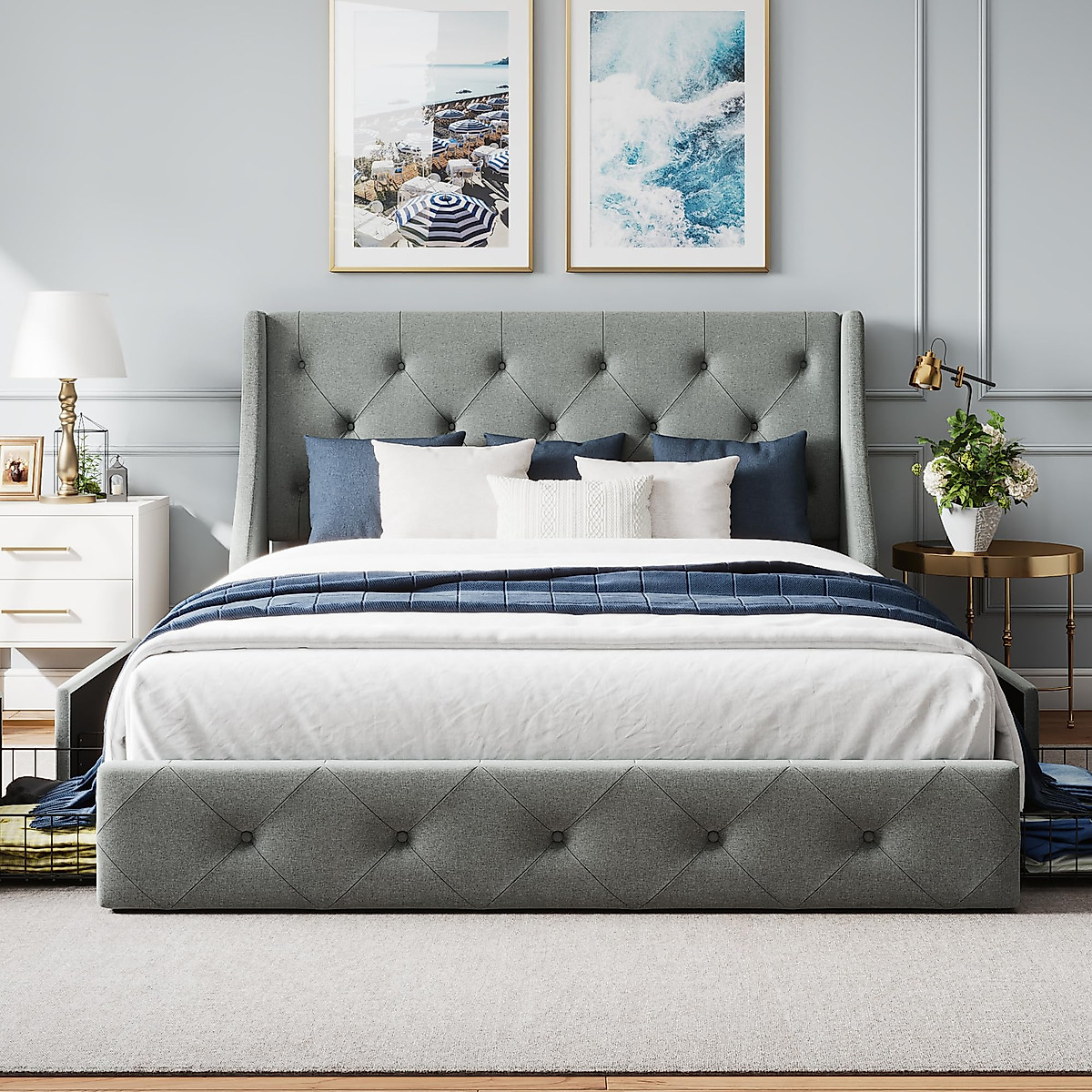 WEEWAY Upholstered Queen Size Bed Frame with 4 Storage Drawers and Wingback Headboard, Button Tufted Design, No Box Spring Needed, Easy Assembly, Light Grey